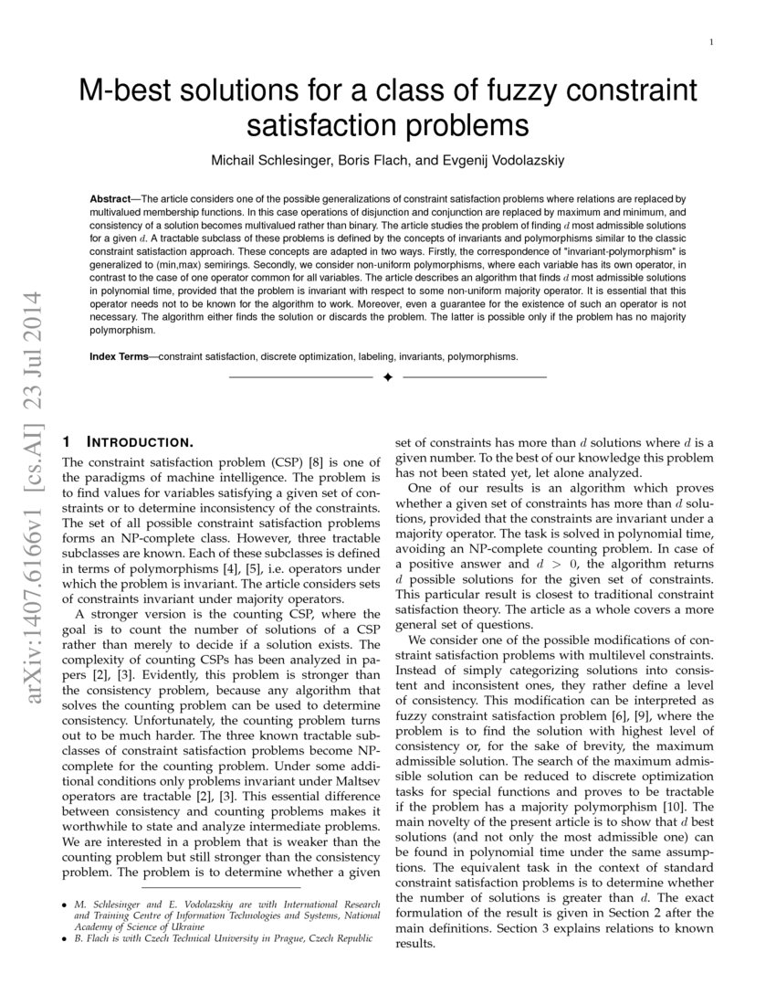 M Best Solutions For A Class Of Fuzzy Constraint Satisfaction Problems Deepai