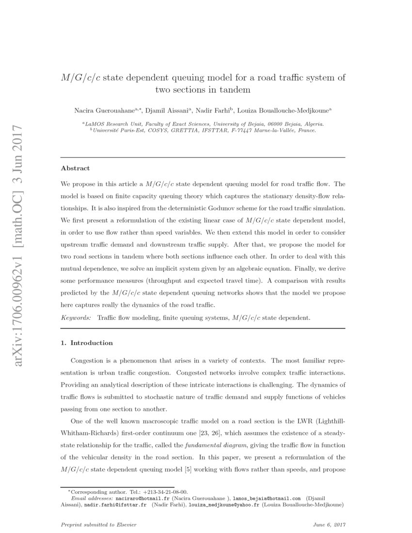 Mgcc State Dependent Queuing Model For A Road Traffic System Of Two Sections In Tandem Deepai