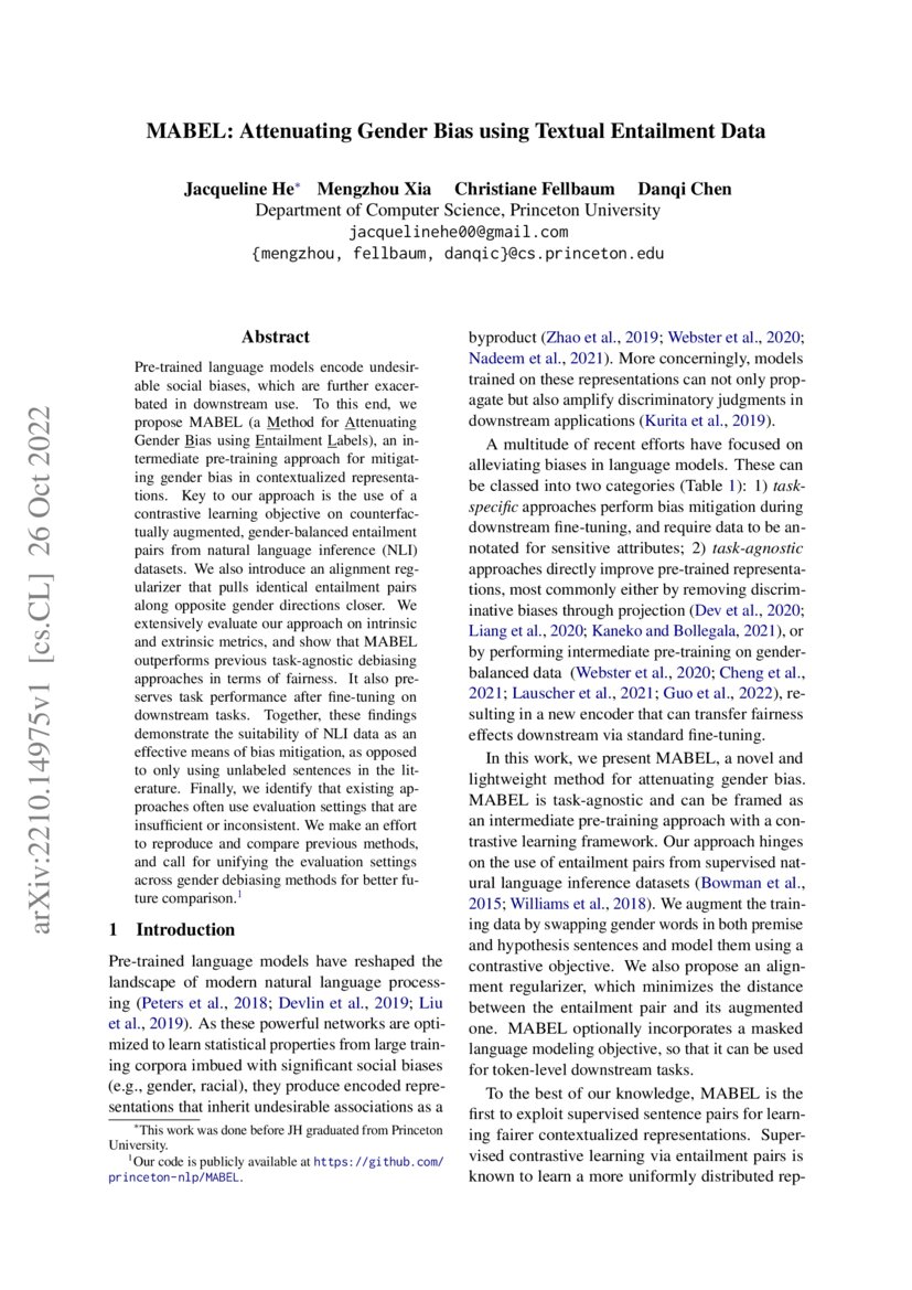 Mabel Attenuating Gender Bias Using Textual Entailment Data Deepai