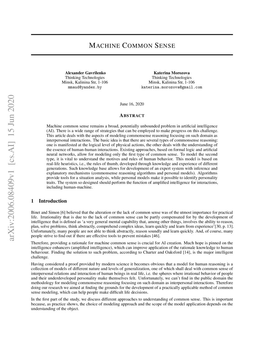 Machine Common Sense | DeepAI