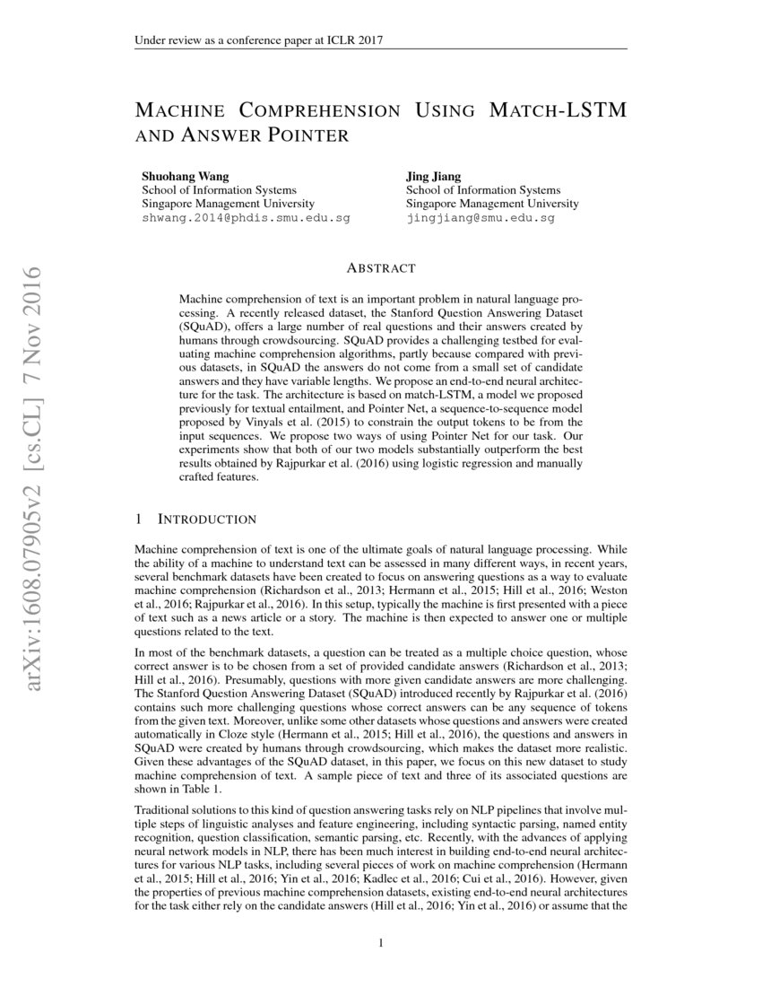 Machine Comprehension Using Match-LSTM and Answer Pointer | DeepAI