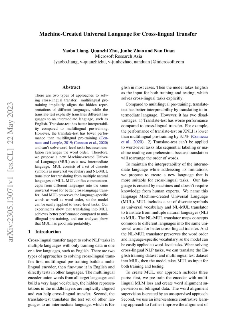 Machine-Created Universal Language for Cross-lingual Transfer | DeepAI