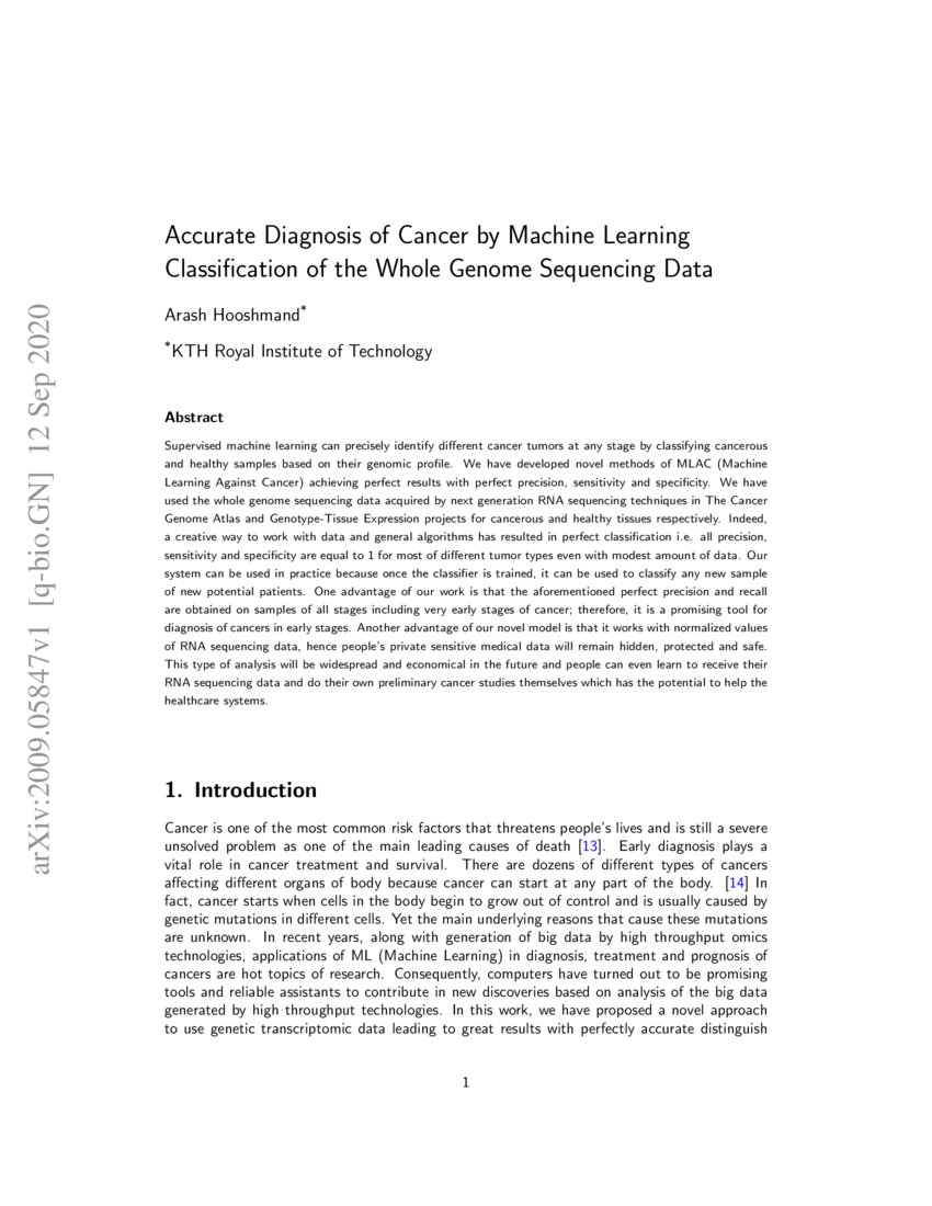 Machine Learning Against Cancer: Accurate Diagnosis of Cancer by ...