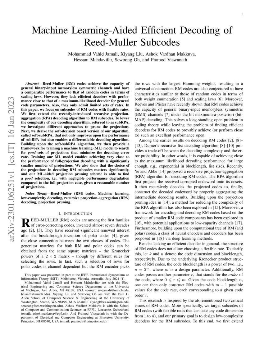 Machine Learning Aided Efficient Decoding Of Reed Muller Subcodes Deepai