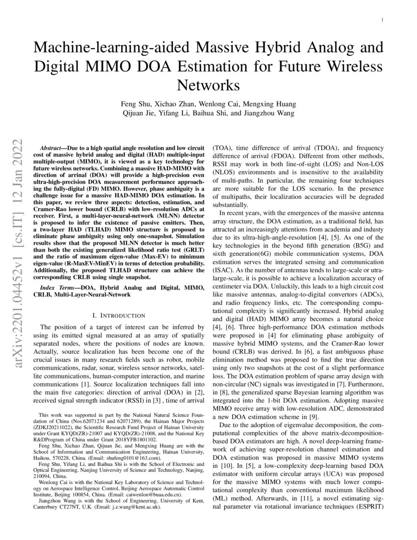 Machine-learning-aided Massive Hybrid Analog and Digital MIMO DOA Estimation for Future Wireless ...