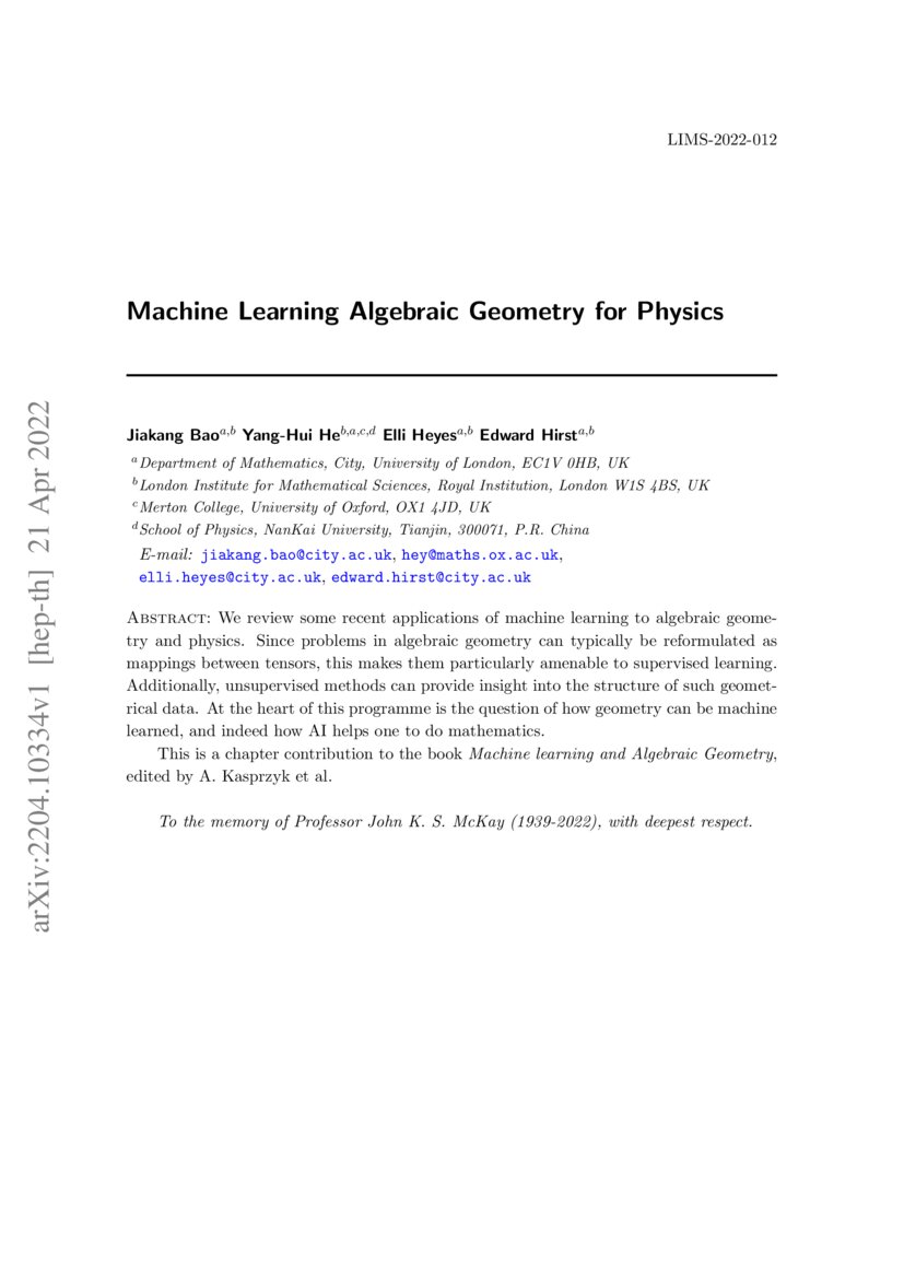 Machine Learning Algebraic Geometry for Physics | DeepAI