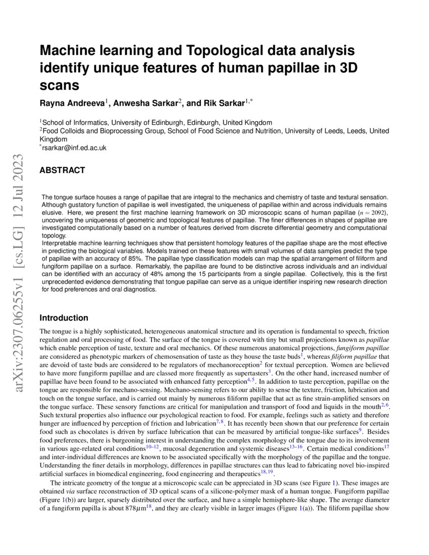 Machine learning and Topological data analysis identify unique features of human papillae in 3D ...