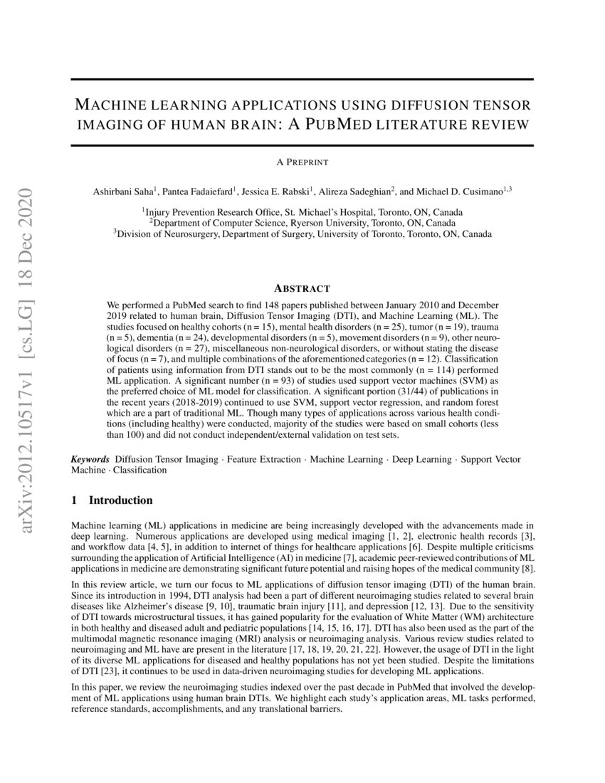 Machine learning applications using diffusion tensor imaging of human ...