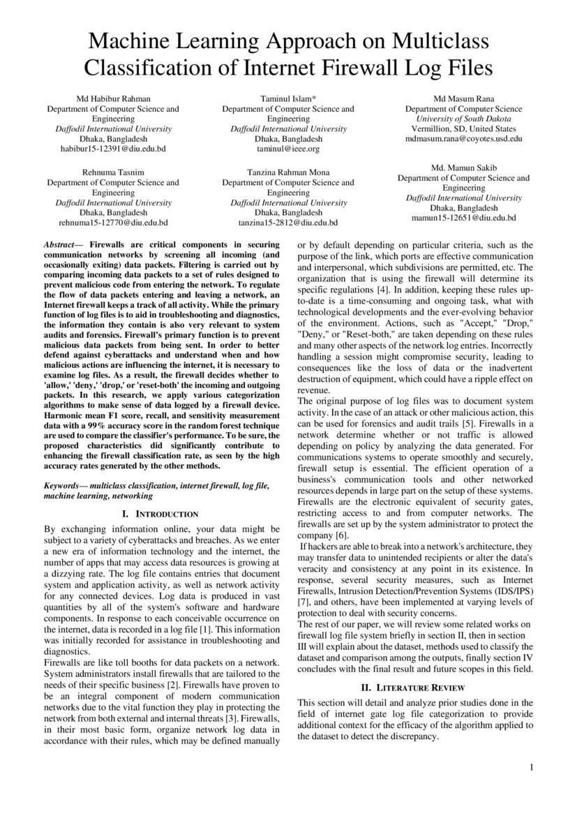 Machine Learning Approach on Multiclass Classification of Internet Firewall Log Files | DeepAI