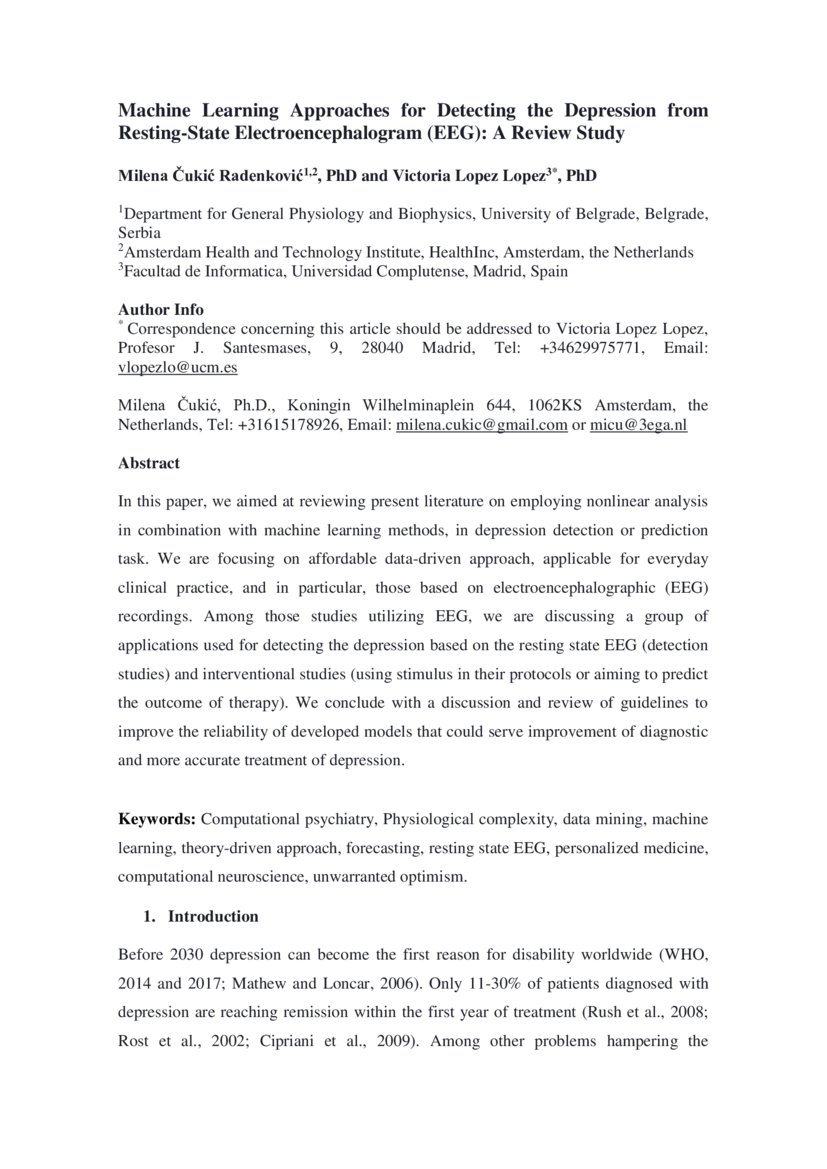 Machine Learning Approaches for Detecting the Depression from Resting ...