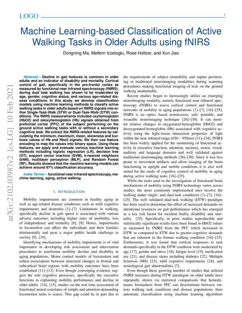 Machine Learning Based Classification Of Active Walking Tasks In Older