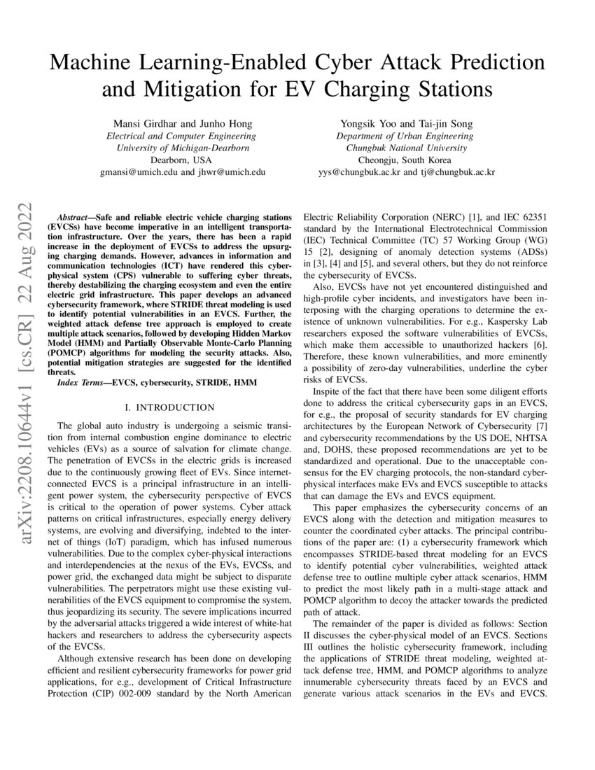 Machine Learning Enabled Cyber Attack Prediction And Mitigation For Ev