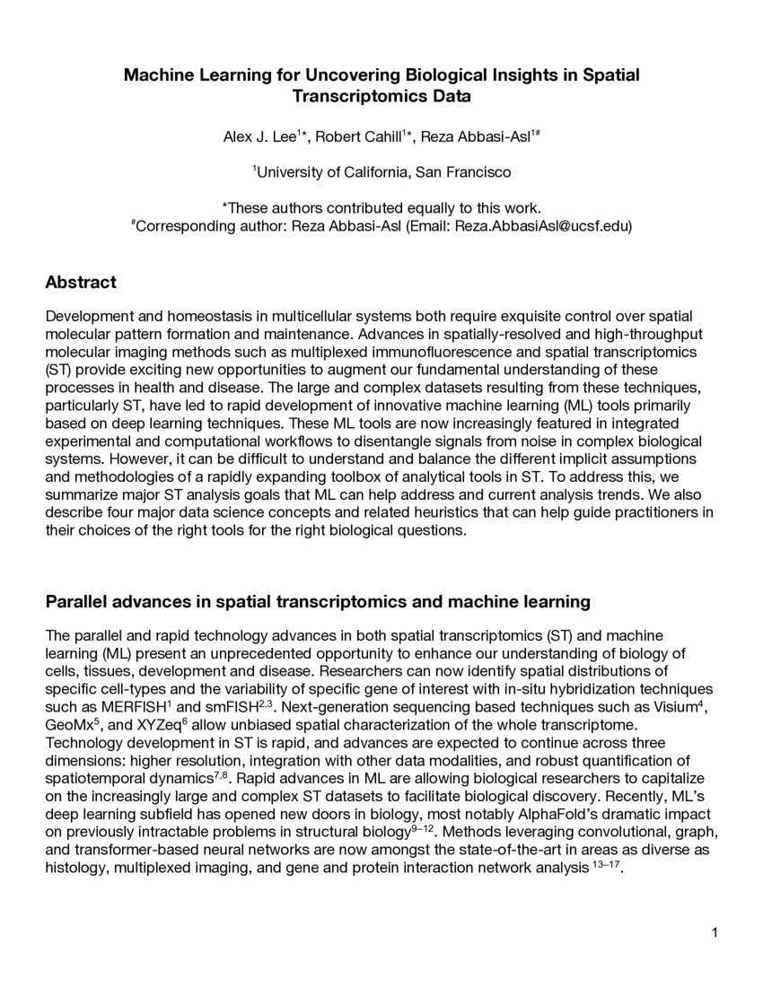 Machine Learning for Uncovering Biological Insights in Spatial Transcriptomics Data | DeepAI