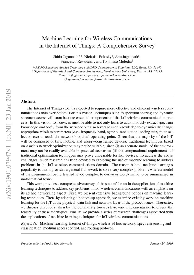 Machine Learning for Wireless Communications in the Internet of Things: A Comprehensive Survey ...