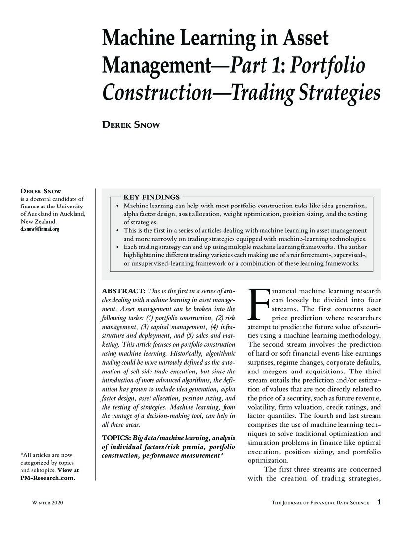 Machine Learning in Asset Management—Part 1: Portfolio Construction—Trading Strategies | DeepAI