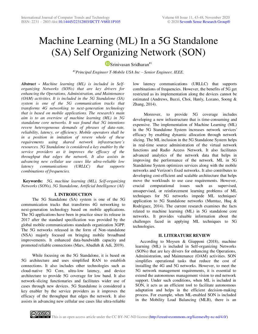 Machine Learning (ML) In a 5G Standalone (SA) Self Organizing Network ...