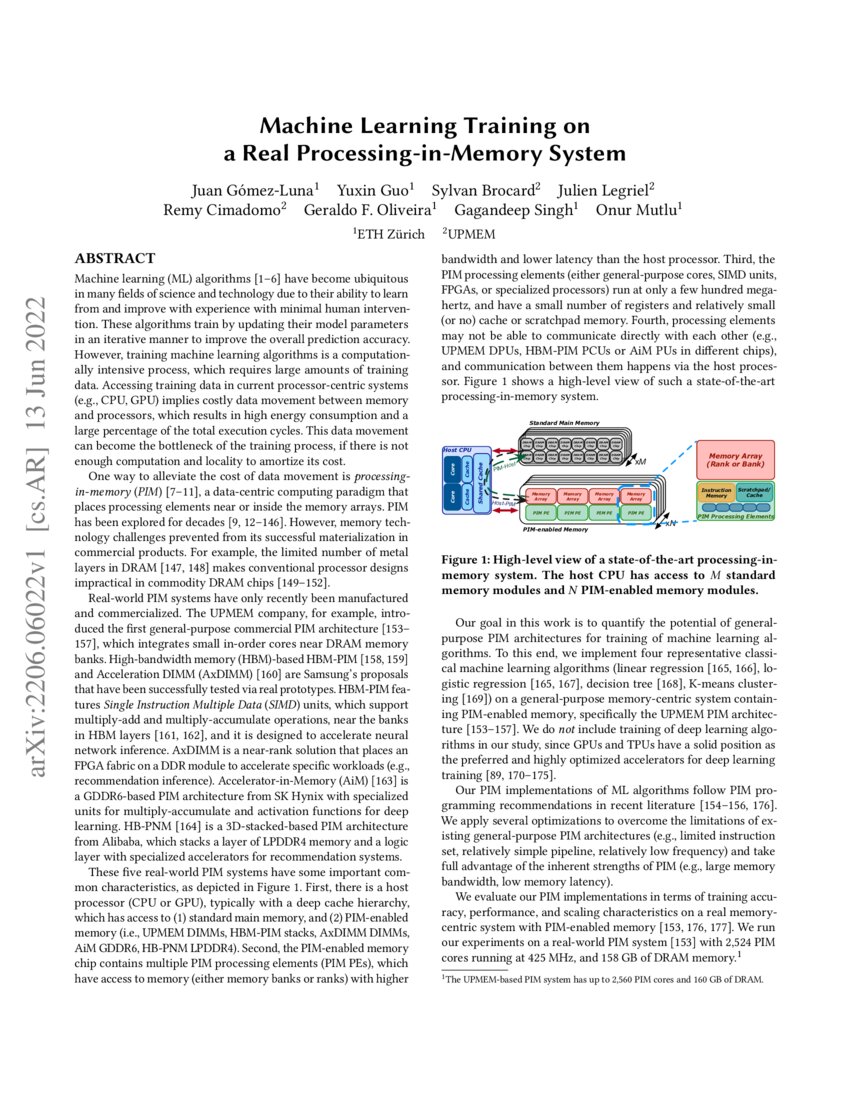 Machine Learning Training on a Real Processing-in-Memory System | DeepAI