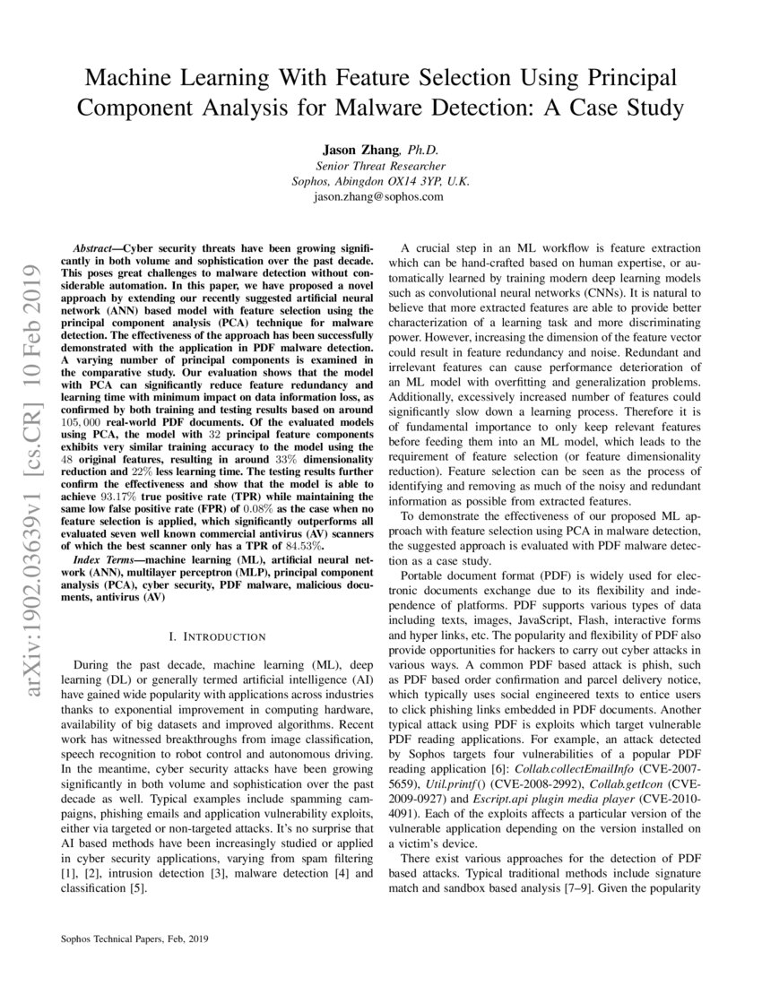 Machine Learning With Feature Selection Using Principal Component Analysis For Malware Detection