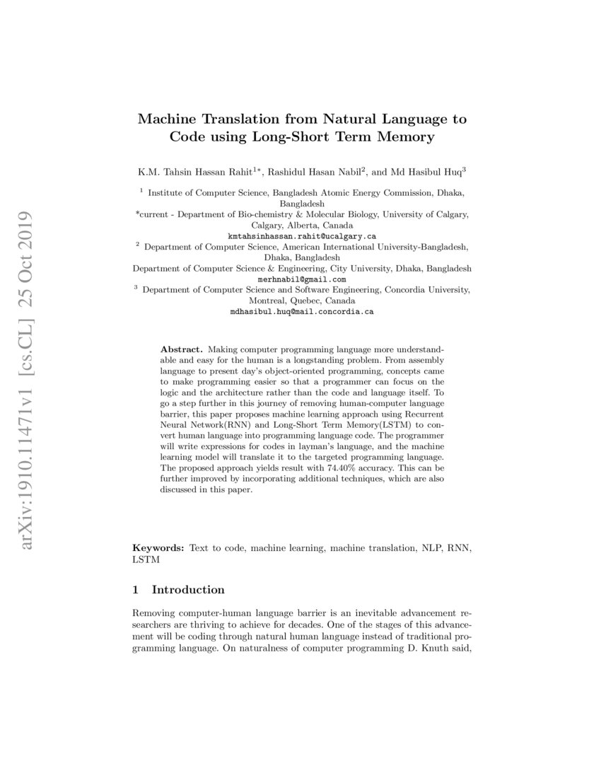 Machine Translation from Natural Language to Code using Long-Short Term ...