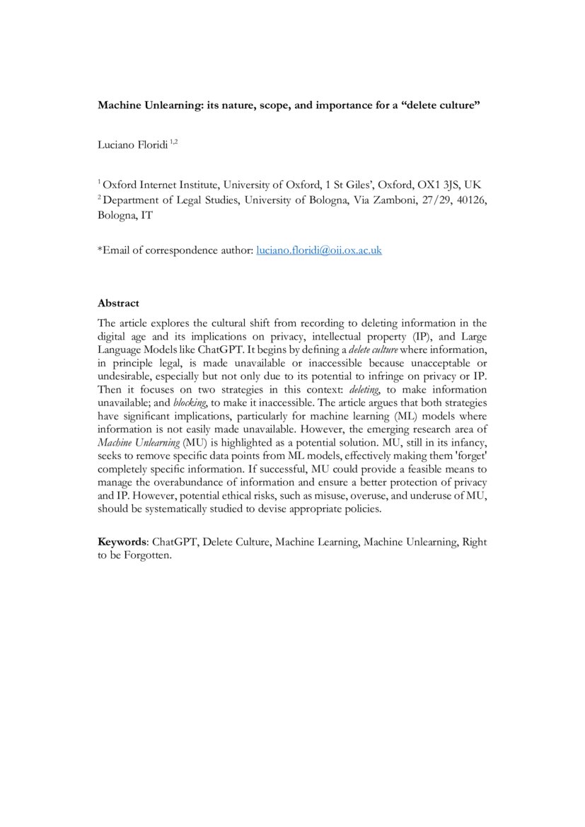 Machine Unlearning: its nature, scope, and importance for a "delete culture" | DeepAI