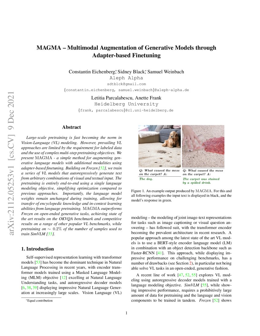 MAGMA – Multimodal Augmentation of Generative Models through Adapter-based Finetuning | DeepAI