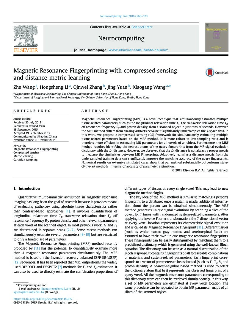 Magnetic Resonance Fingerprinting with compressed sensing and distance ...
