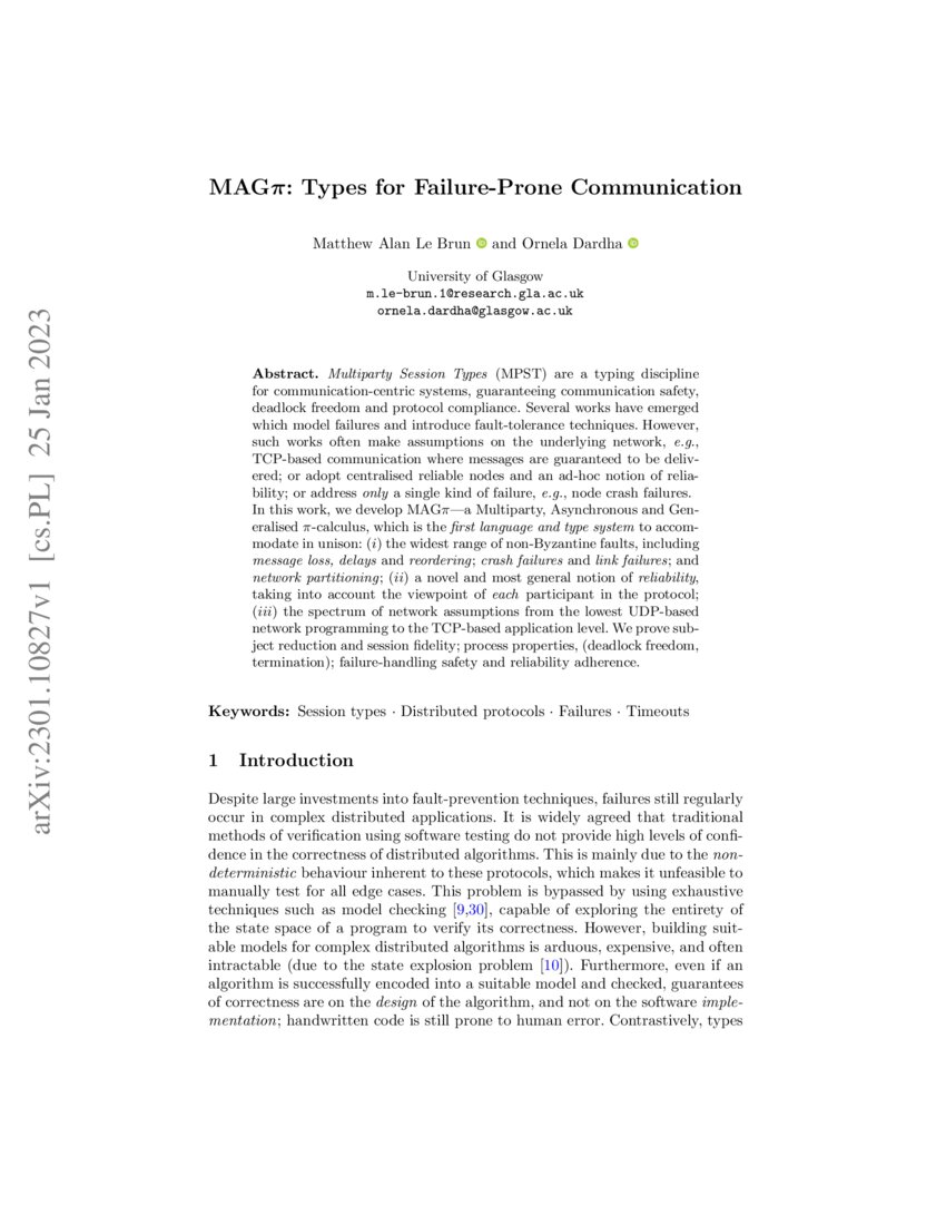 MAGπ: Types for Failure-Prone Communication | DeepAI