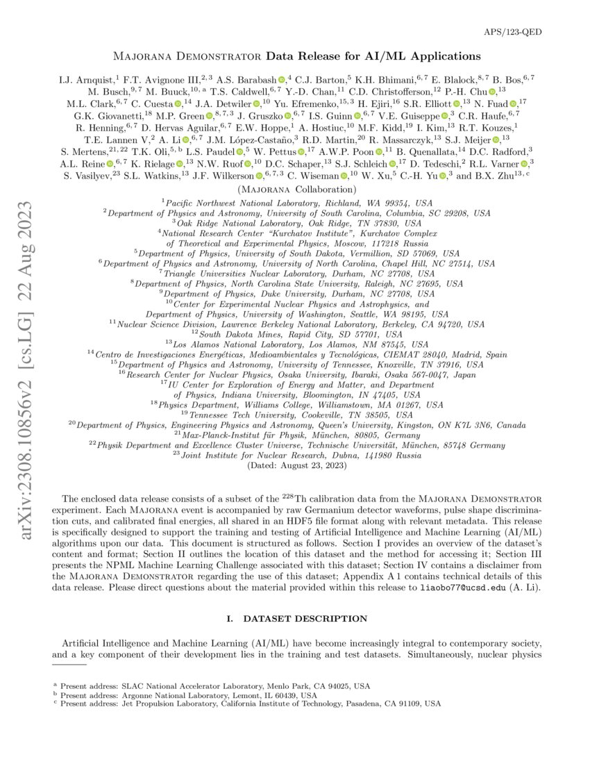 Majorana Demonstrator Data Release for AI/ML Applications | DeepAI