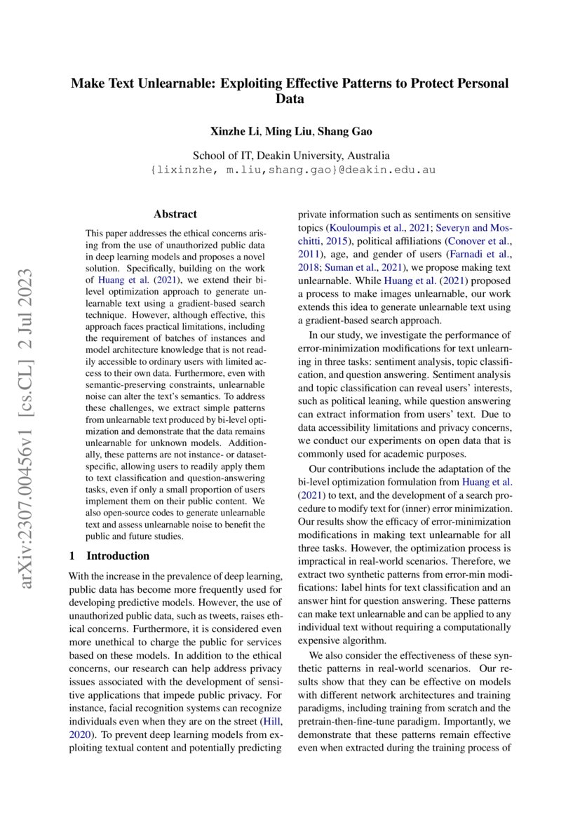 Make Text Unlearnable: Exploiting Effective Patterns to Protect Personal Data | DeepAI