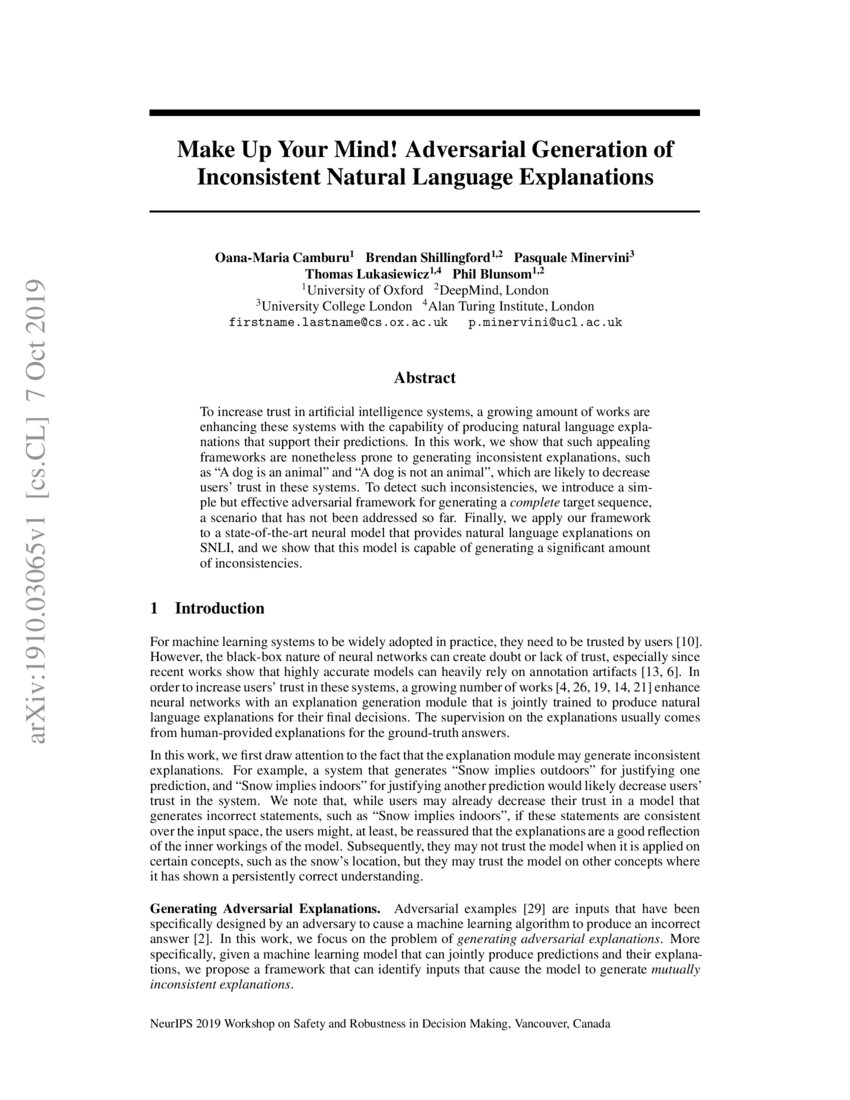 Make Up Your Mind Adversarial Generation Of Inconsistent Natural Language Explanations Deepai