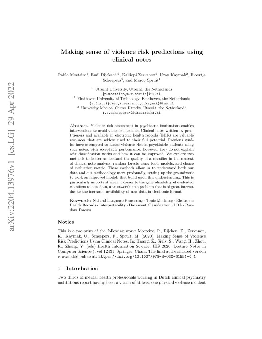 Making sense of violence risk predictions using clinical notes | DeepAI