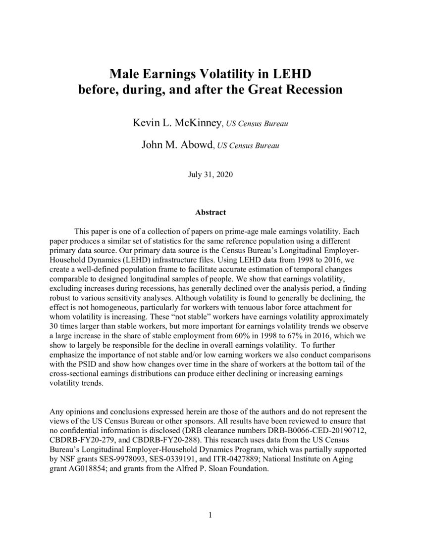 Male Earnings Volatility in LEHD before, during, and after the Great ...