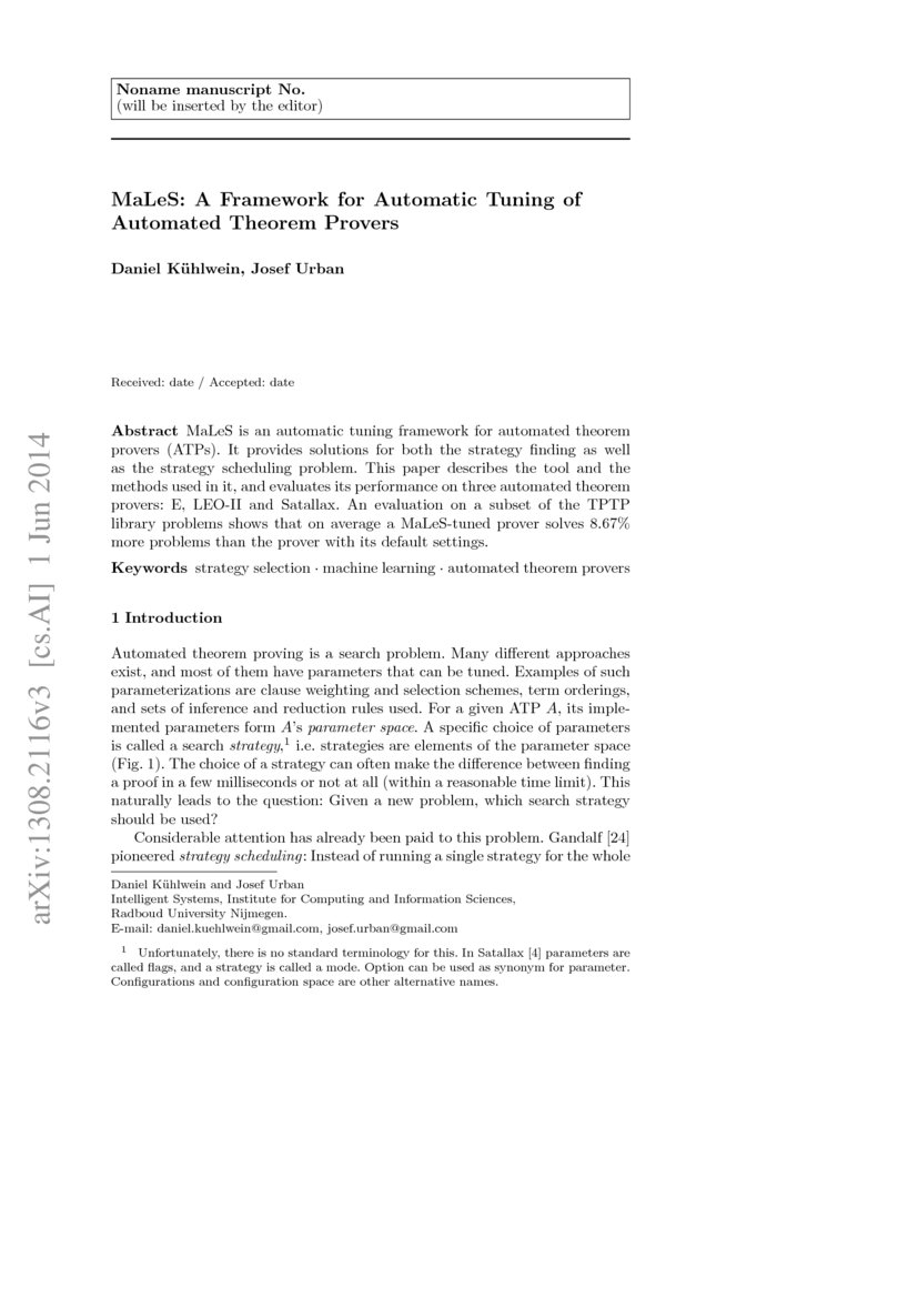 MaLeS: A Framework for Automatic Tuning of Automated Theorem Provers | DeepAI