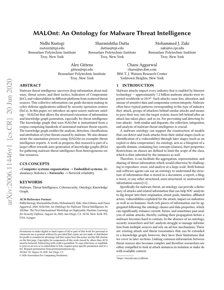 MALOnt: An Ontology for Malware Threat Intelligence | DeepAI