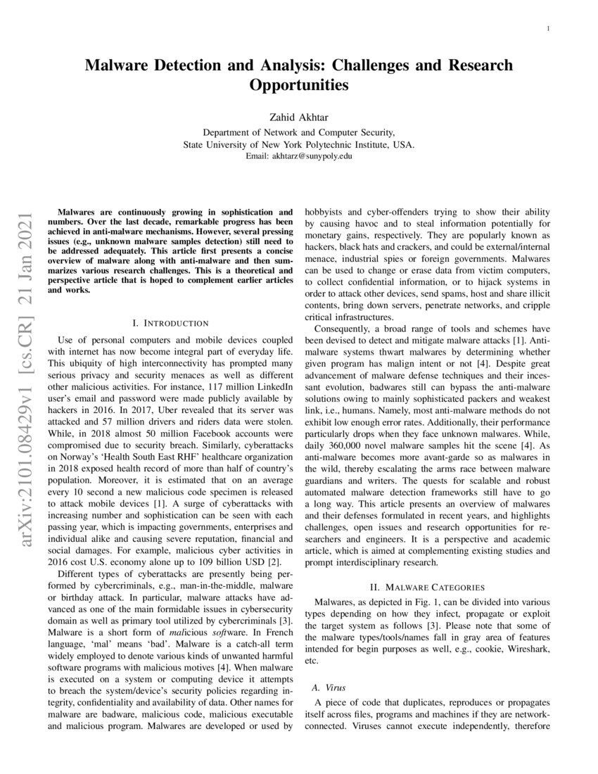 Malware Detection and Analysis: Challenges and Research Opportunities ...