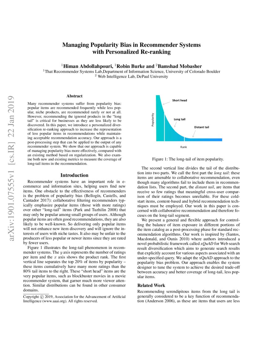 Managing Popularity Bias In Recommender Systems With Personalized Re Ranking Deepai