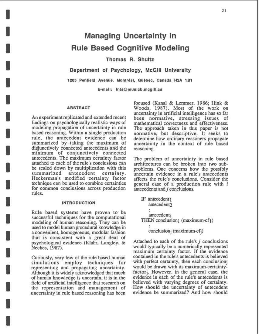 Managing Uncertainty in Rule Based Cognitive Models | DeepAI