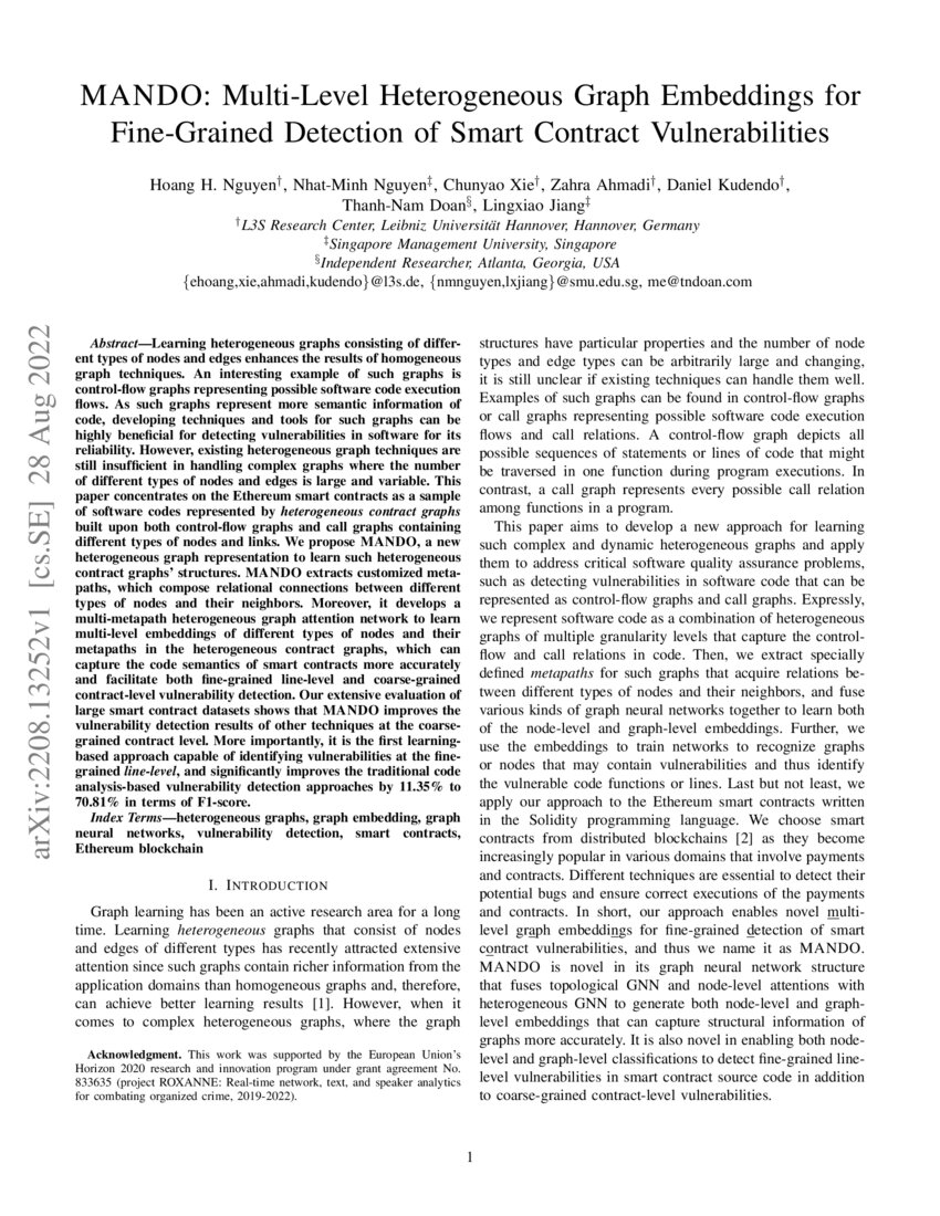 Mando Multi Level Heterogeneous Graph Embeddings For Fine Grained Detection Of Smart Contract