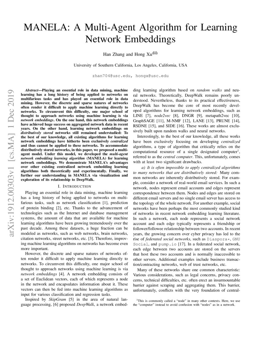 MANELA: A Multi-Agent Algorithm for Learning Network Embeddings | DeepAI