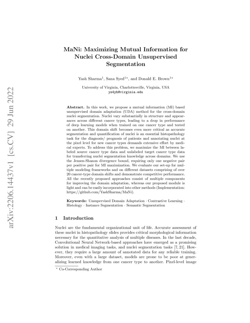 Mani Maximizing Mutual Information For Nuclei Cross Domain Unsupervised Segmentation Deepai