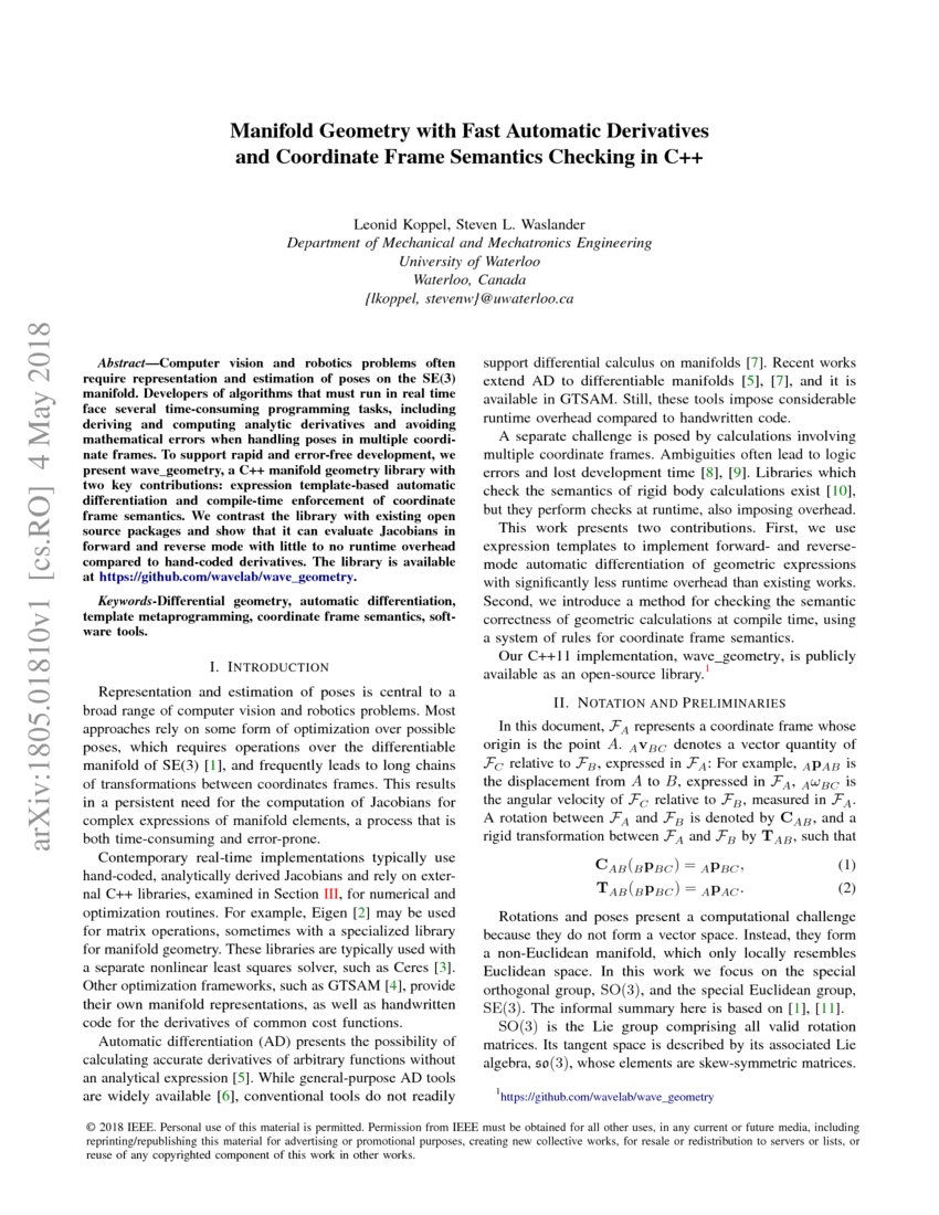 Manifold Geometry with Fast Automatic Derivatives and Coordinate Frame ...