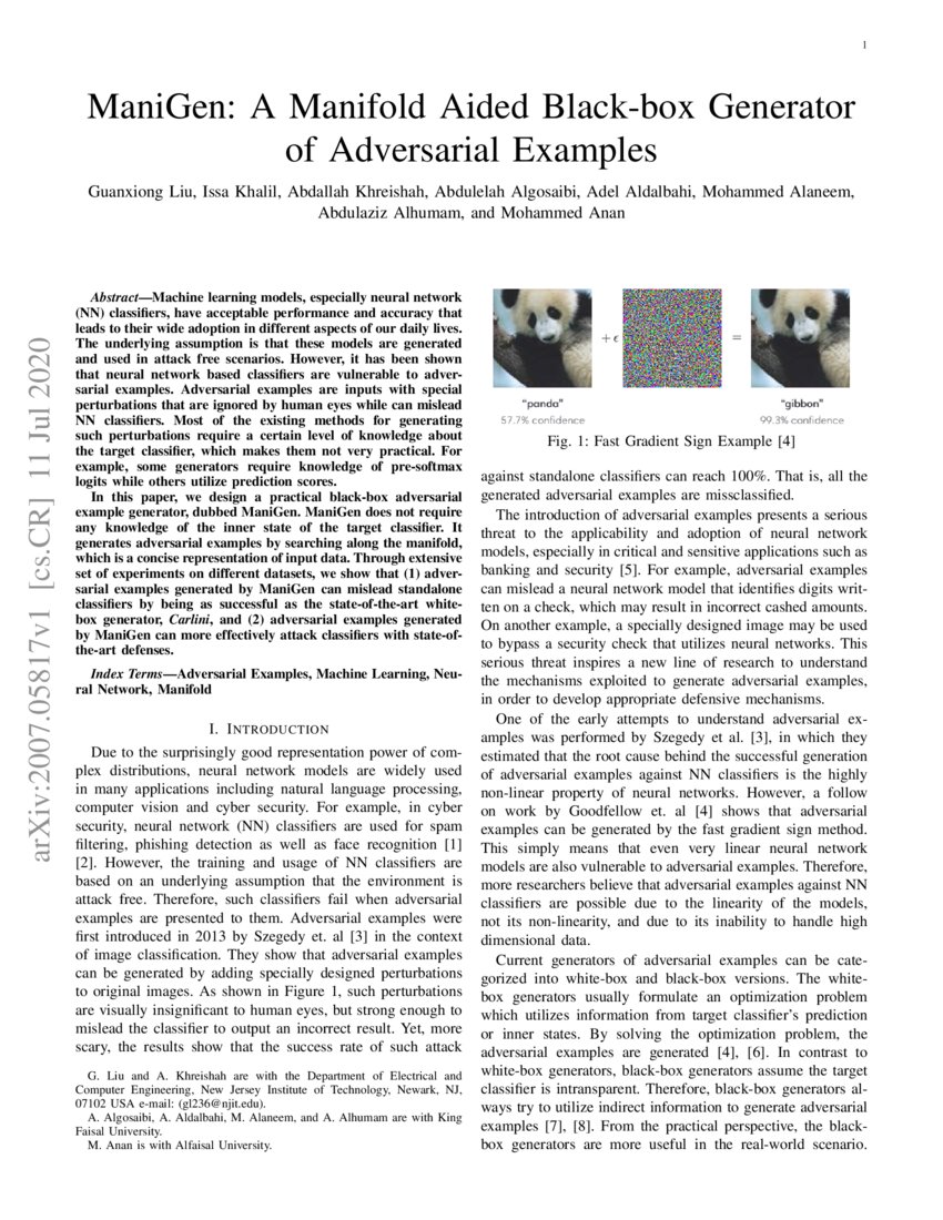 ManiGen: A Manifold Aided Black-box Generator of Adversarial Examples | DeepAI