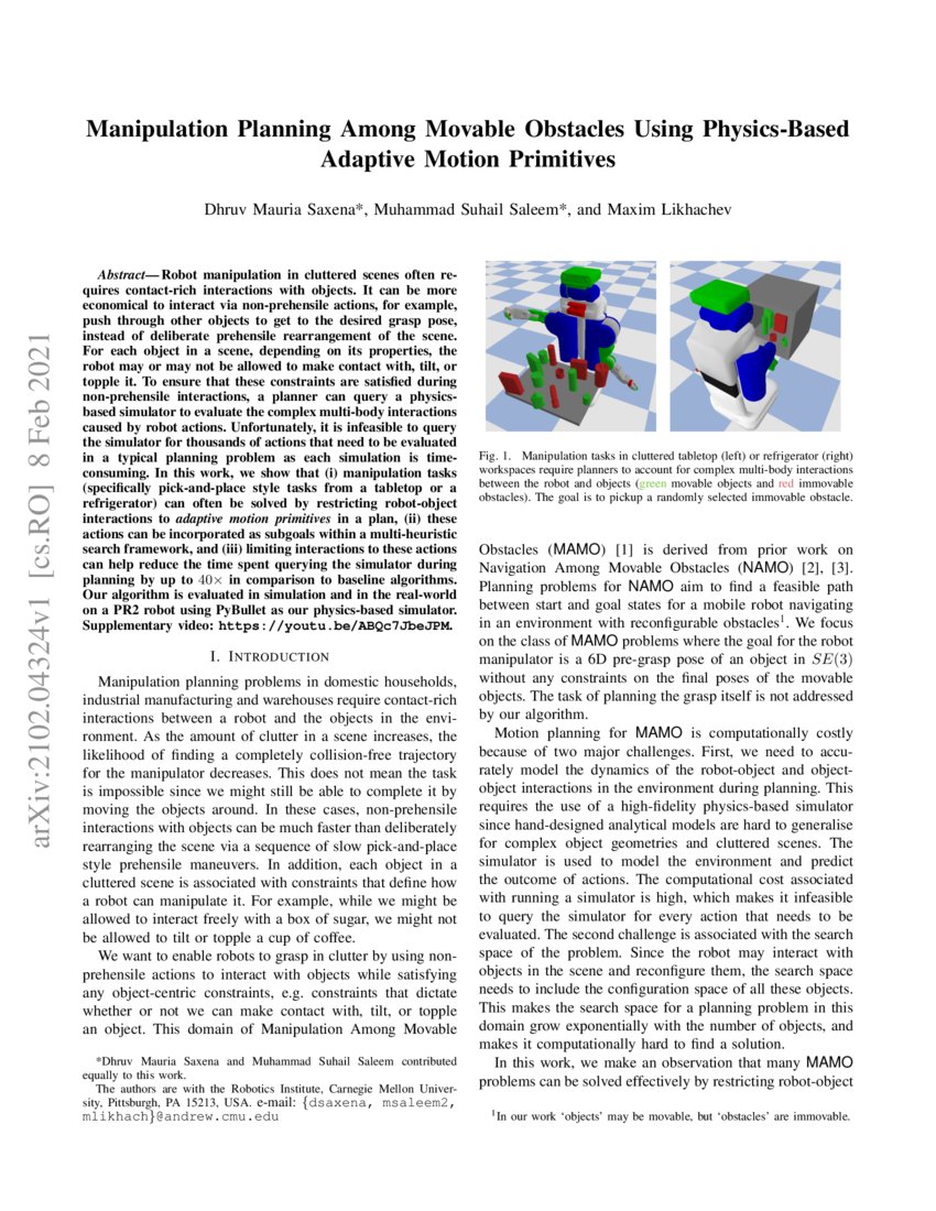 Manipulation Planning Among Movable Obstacles Using Physics Based Adaptive Motion Primitives