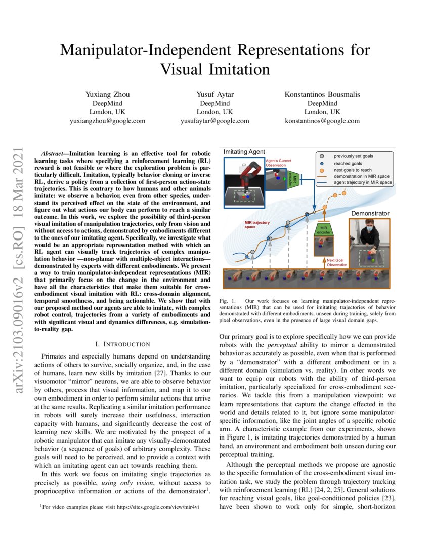 Manipulator-Independent Representations for Visual Imitation | DeepAI