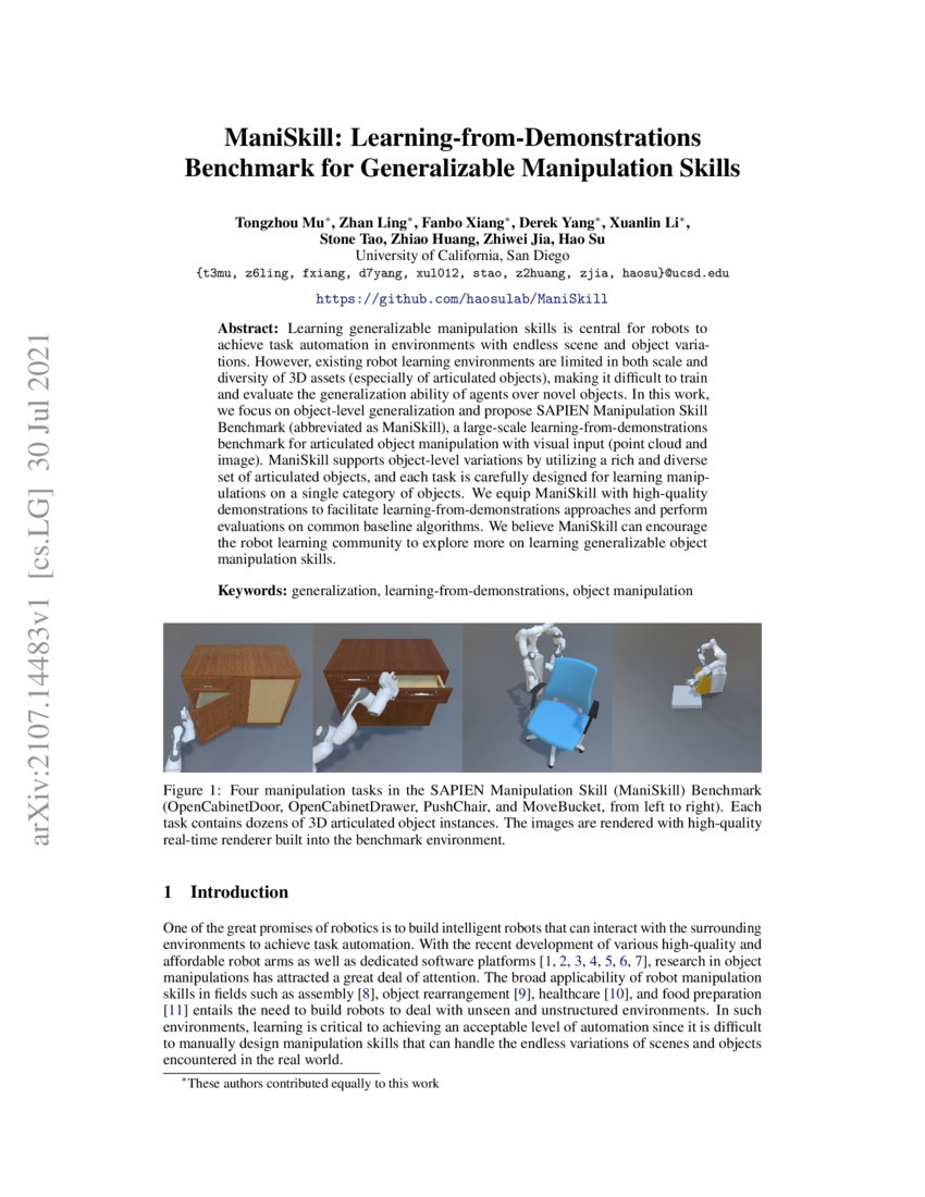 Maniskill Learning From Demonstrations Benchmark For Generalizable