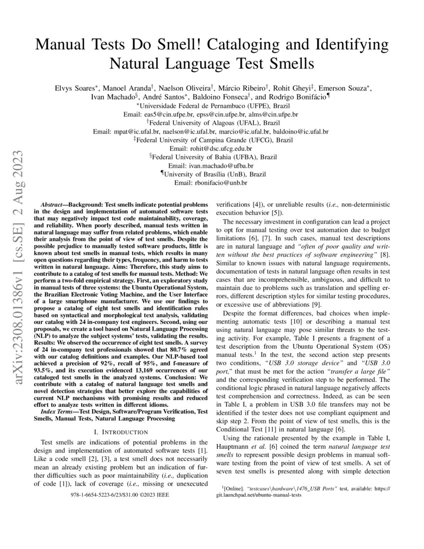Manual Tests Do Smell! Cataloging and Identifying Natural Language Test ...