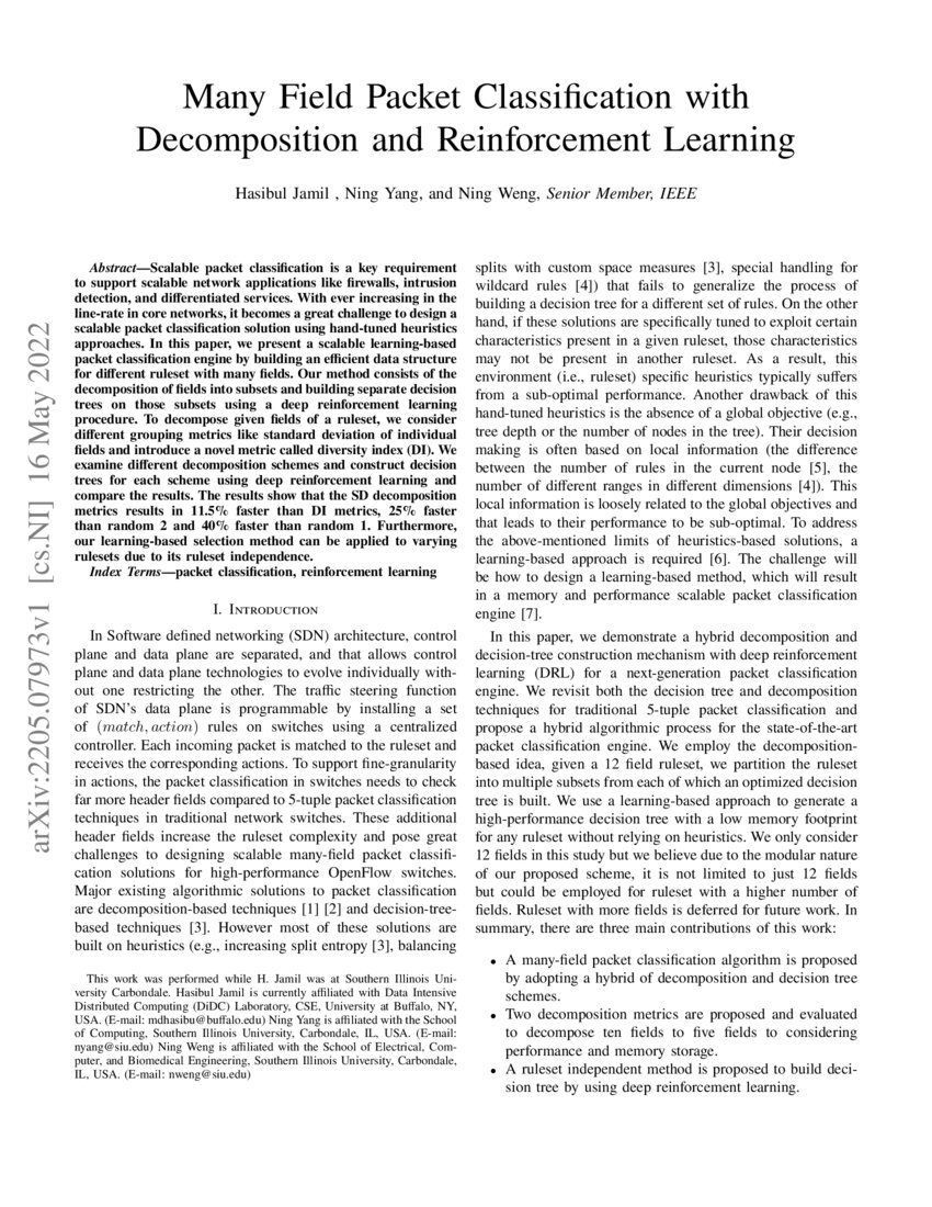 Many Field Packet Classification With Decomposition And Reinforcement Learning Deepai 2477