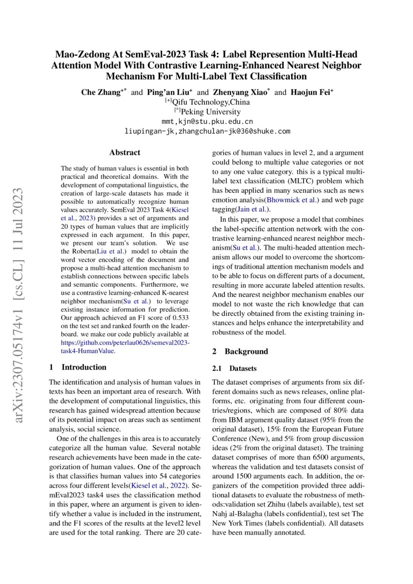 Mao Zedong At Semeval 2023 Task 4 Label Represention Multi Head Attention Model With