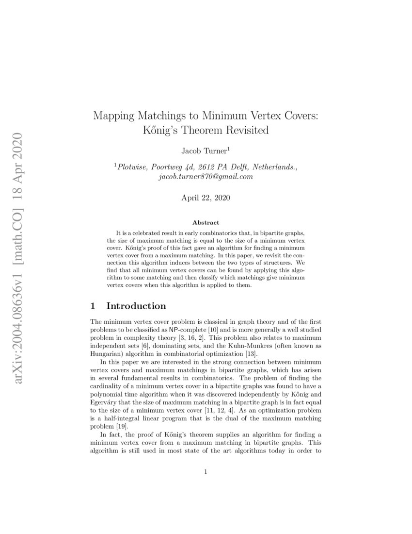 Mapping Matchings To Minimum Vertex Covers Kőnigs Theorem Revisited Deepai 