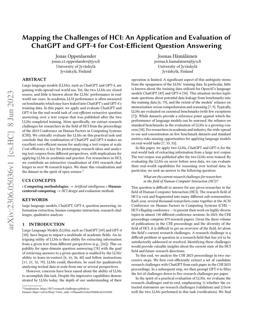 Mapping the Challenges of HCI: An Application and Evaluation of ChatGPT and GPT-4 for Cost ...